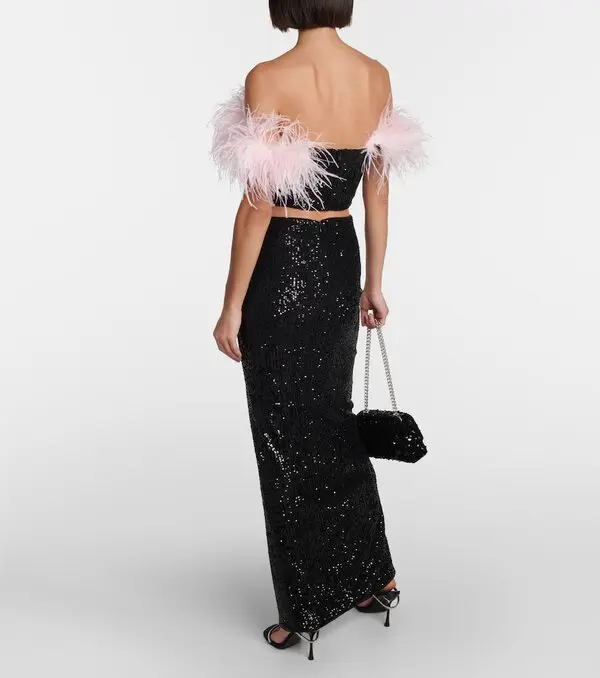 SELF-PORTRAIT Feather-trimmed Sequined Crop Top