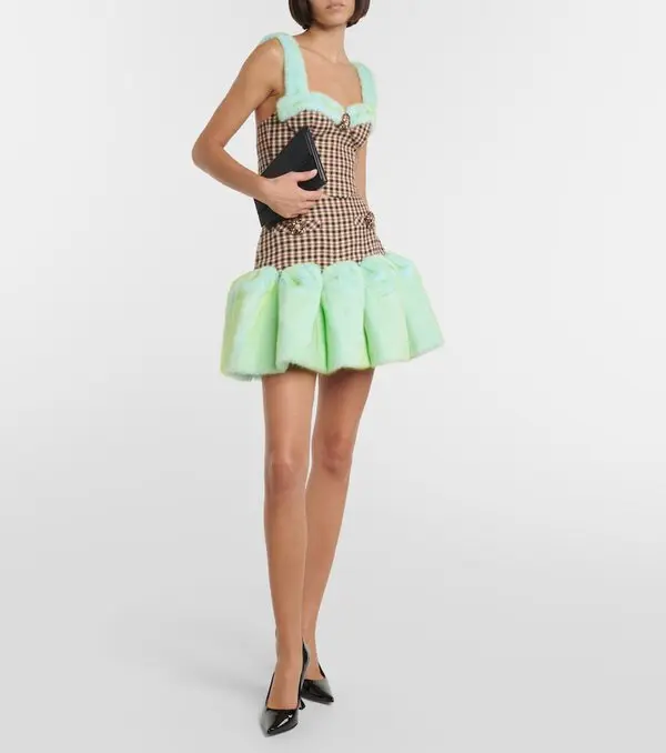 AREA Checked Wool And Cotton Miniskirt With Faux Fur Trim