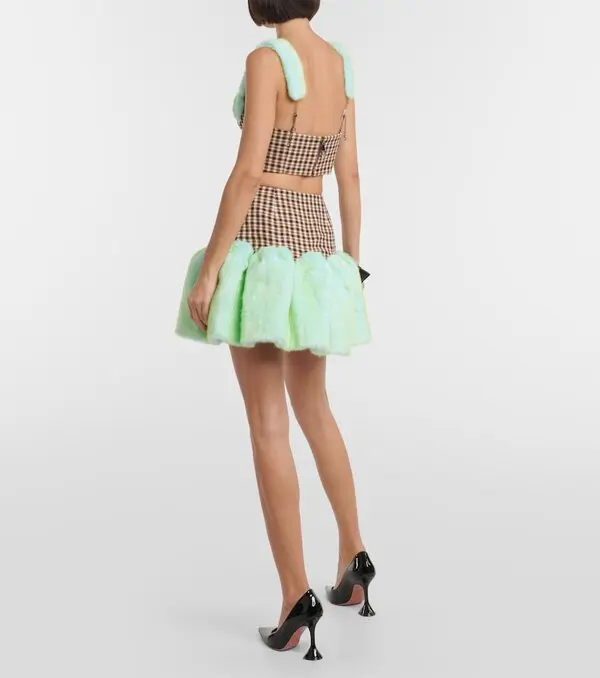 AREA Checked Wool And Cotton Miniskirt With Faux Fur Trim