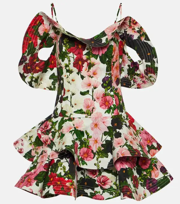 Oscar De La Renta Ruffled Floral Cotton-blend Mini Dress - Multicoloured