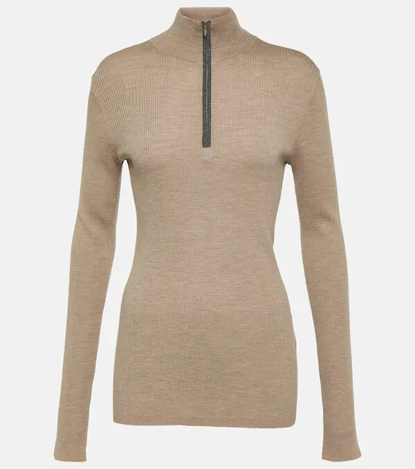 Brunello Cucinelli Ribbed Wool And Cashmere Zip-up Sweater - Brown