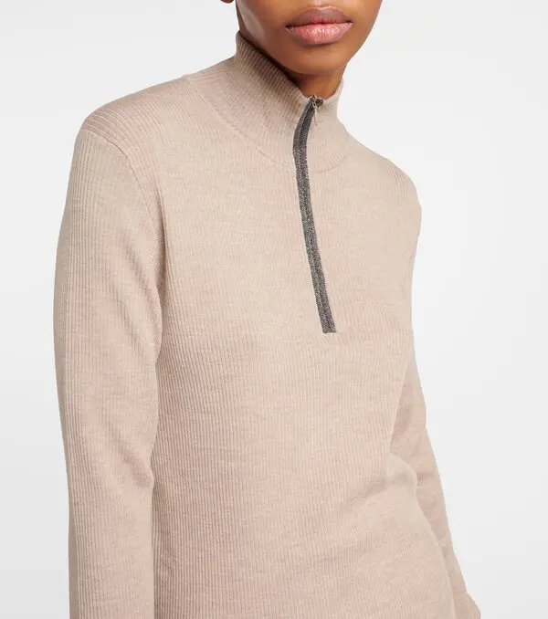 Brunello Cucinelli Ribbed Wool And Cashmere Zip-up Sweater - Brown