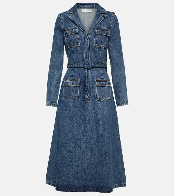SELF-PORTRAIT Belted Denim Midi Dress - Blue