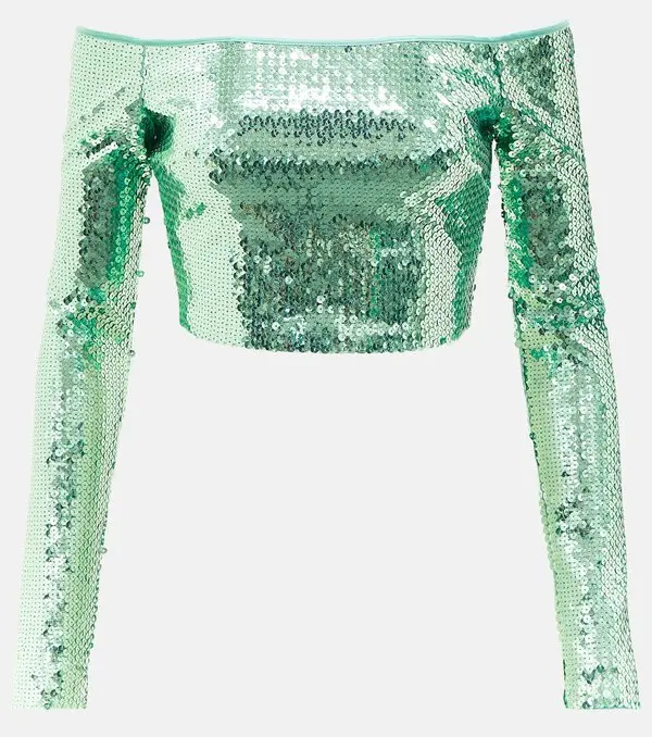 David Koma Sequined Off-shoulder Cropped Top - Green
