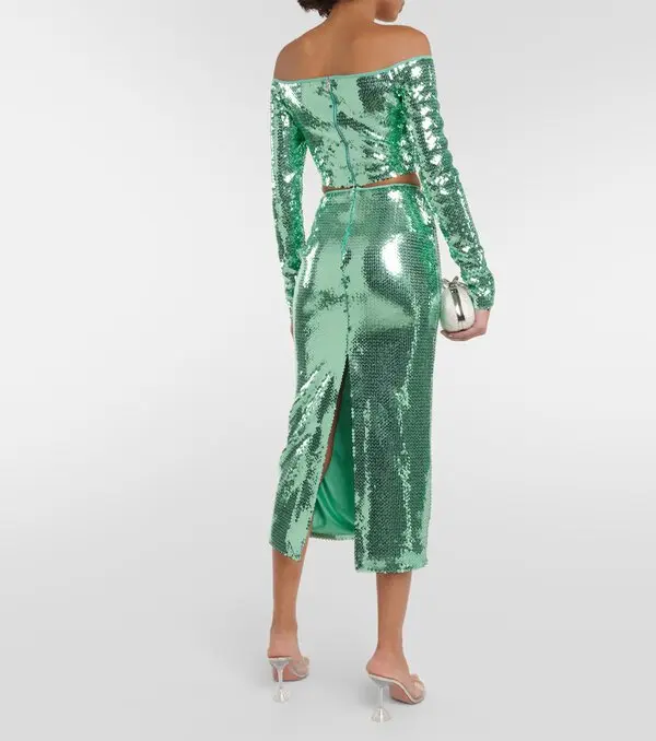 David Koma Sequined Off-shoulder Cropped Top