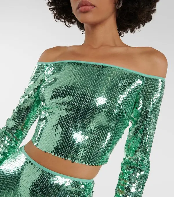 David Koma Sequined Off-shoulder Cropped Top