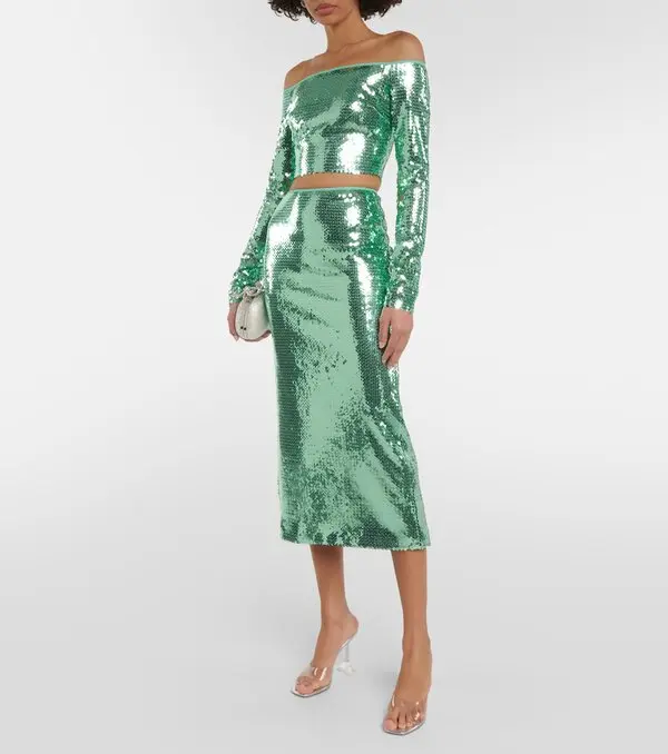 David Koma Sequined Off-shoulder Cropped Top