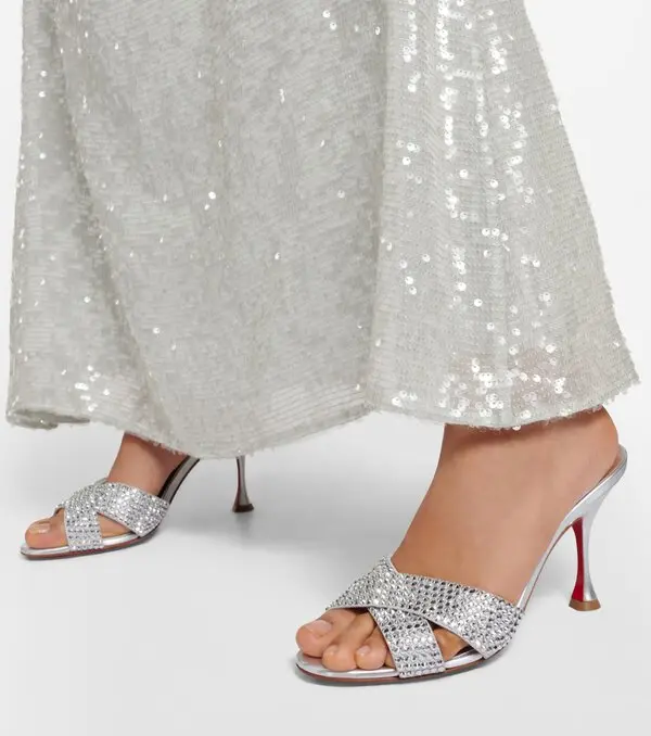 CHRISTIAN LOUBOUTIN Embellished Leather Mules - Silver