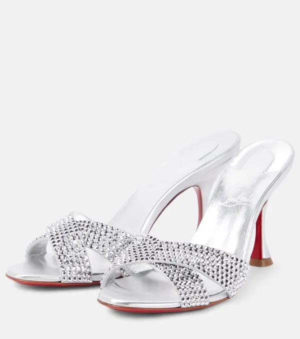 CHRISTIAN LOUBOUTIN Embellished Leather Mules - Silver