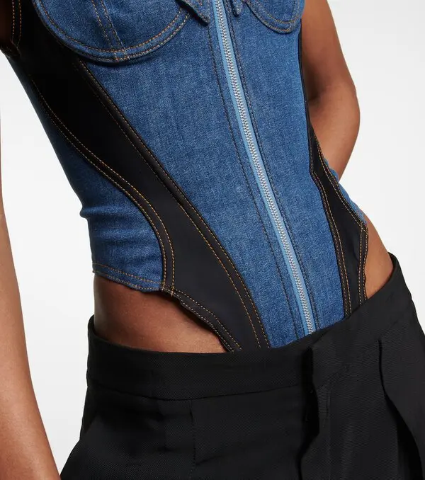 MUGLER Paneled Denim Bodysuit