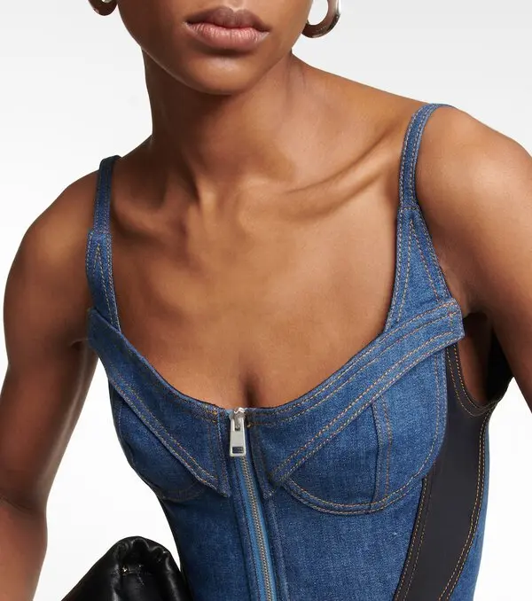 MUGLER Paneled Denim Bodysuit