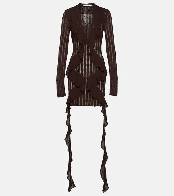 DION LEE Ruffled Pointelle Minidress - Brown