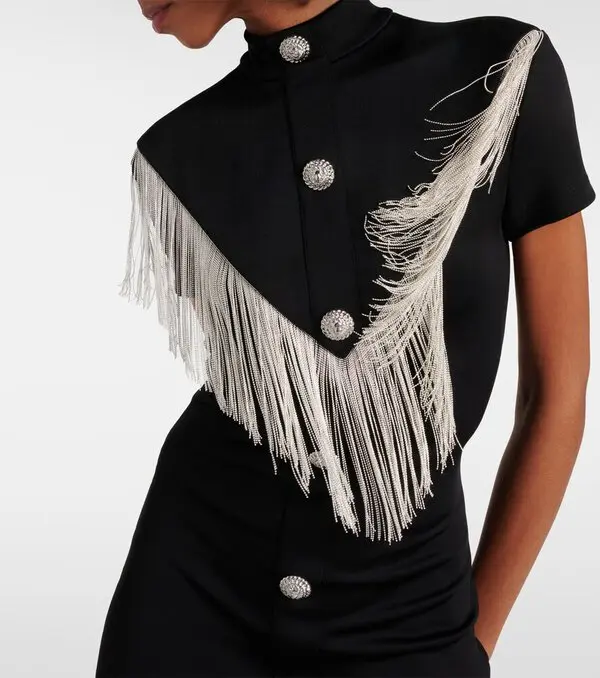 Balmain Embellished Fringed Jersey Mini Dress