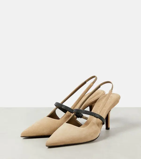 Brunello Cucinelli Monili Suede Slingback Pumps - Brown
