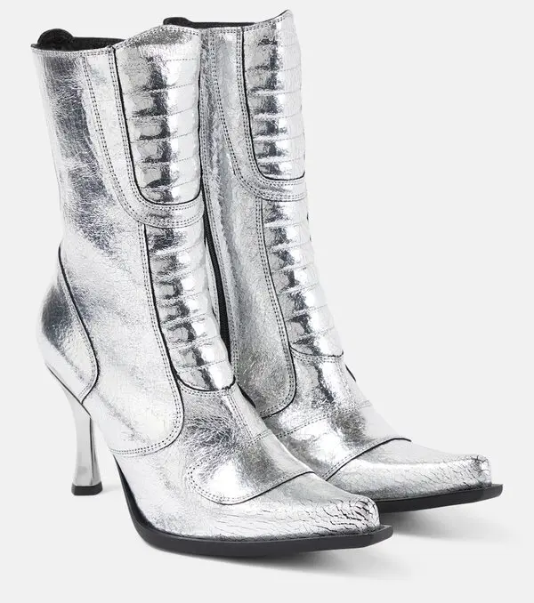 Vetements Metallic Leather Ankle Boots - Silver