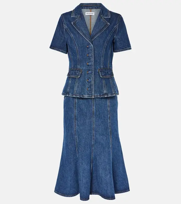 SELF-PORTRAIT Flared Denim Midi Dress - Blue