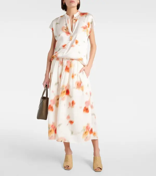 Vince Floral Gathered Midi Skirt