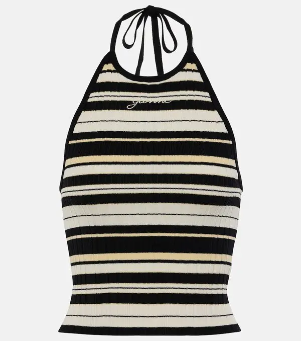 GANNI Logo Ribbed-knit Halterneck Top - Multicoloured