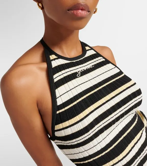 GANNI Logo Ribbed-knit Halterneck Top