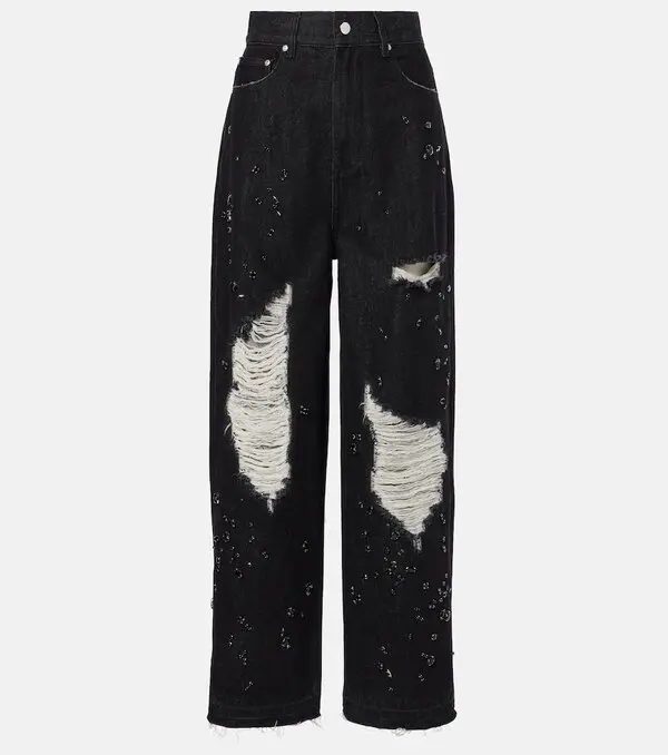 XU ZHI Embellished Distressed Wide-leg Jeans - Black