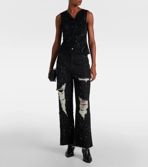 XU ZHI Embellished Distressed Wide-leg Jeans