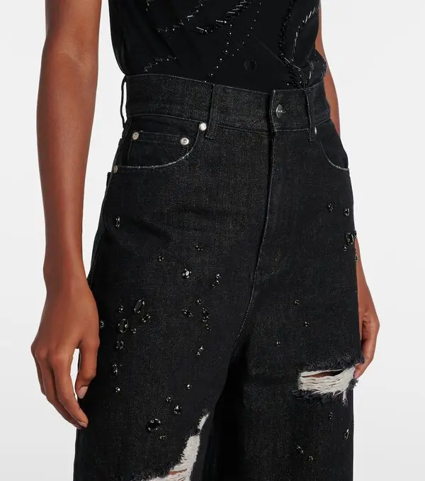 XU ZHI Embellished Distressed Wide-leg Jeans