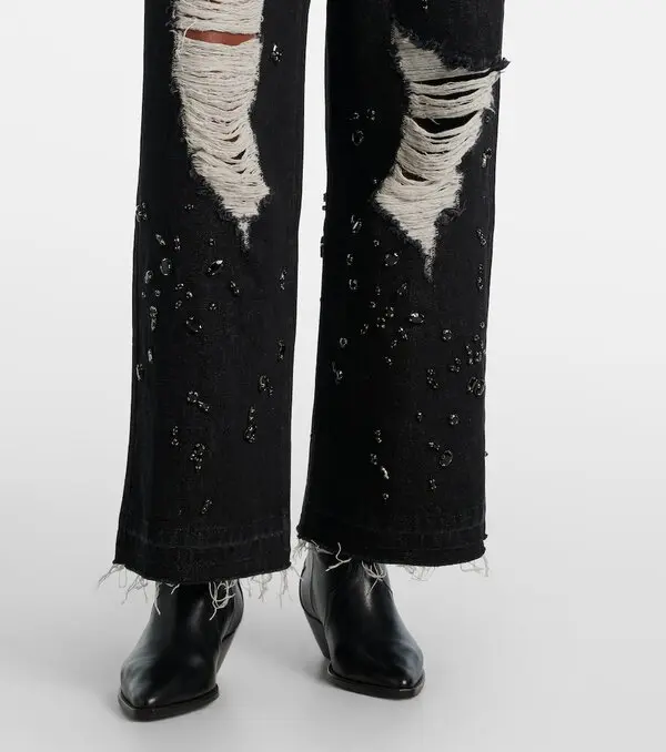 XU ZHI Embellished Distressed Wide-leg Jeans