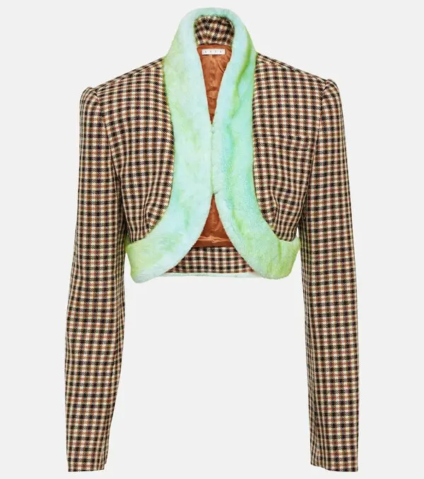 AREA Cropped Wool And Cotton Jacket With Faux Fur Trim - Multicoloured