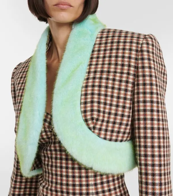 AREA Cropped Wool And Cotton Jacket With Faux Fur Trim