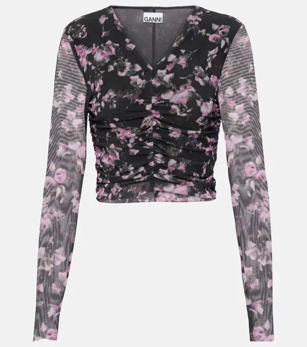 GANNI Ruched Floral Mesh Crop Top - Multicoloured