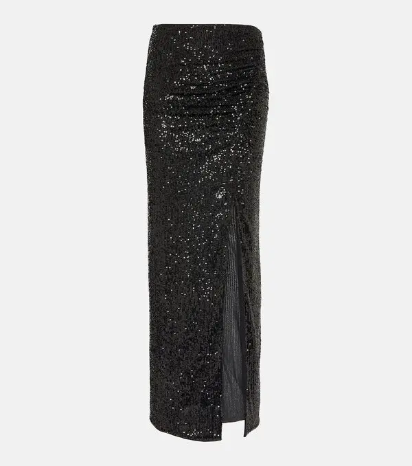 SELF-PORTRAIT Sequined Ruched Maxi Skirt - Black