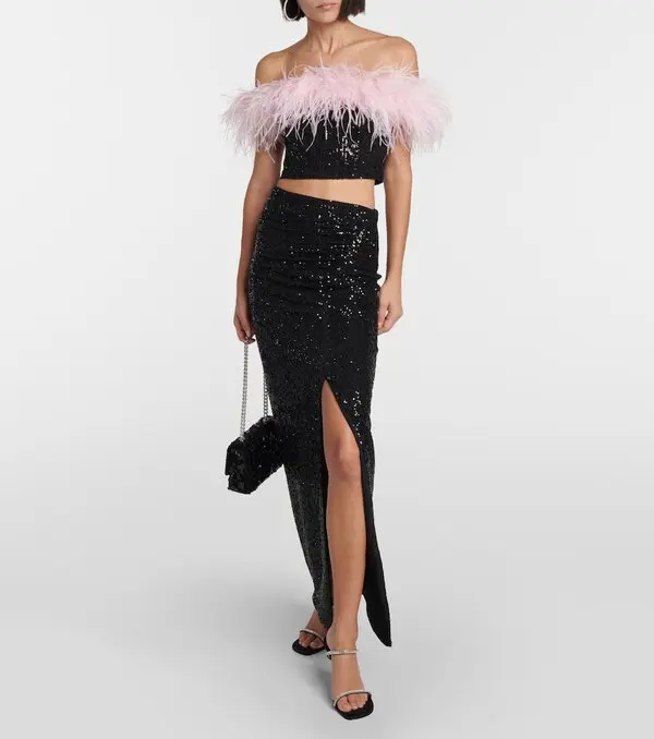 SELF-PORTRAIT Sequined Ruched Maxi Skirt - Black