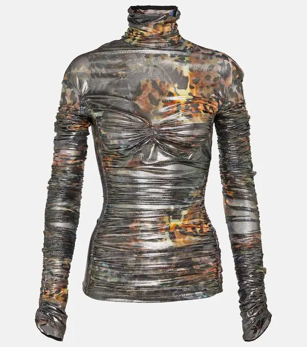 MUGLER Printed Ruched Turtleneck Top - Multicoloured