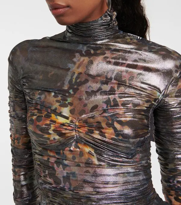 MUGLER Printed Ruched Turtleneck Top