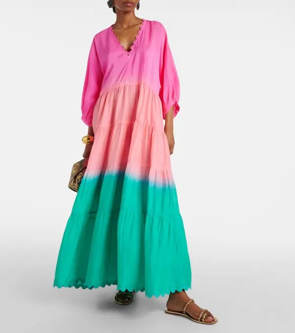 JULIET DUNN Colorblocked Tiered Silk Maxi Dress