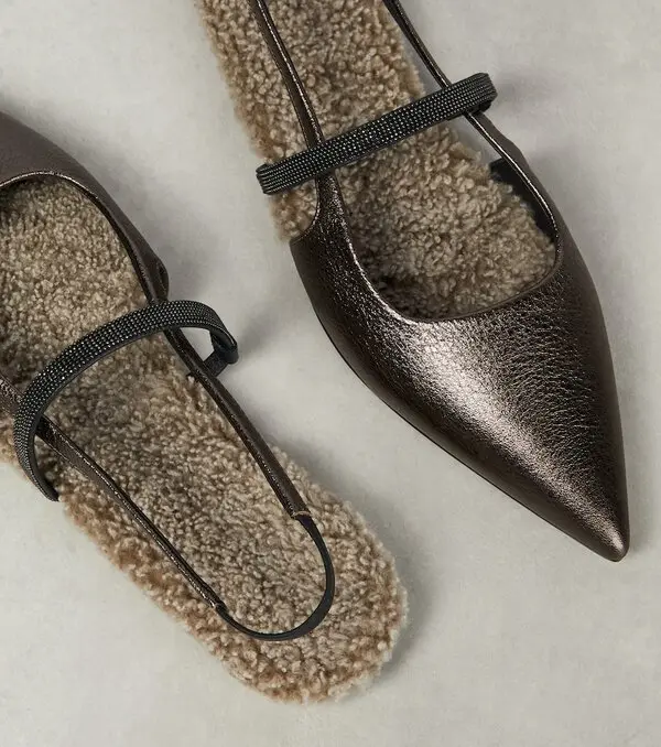 Brunello Cucinelli Embellished Leather Slingback Flats
