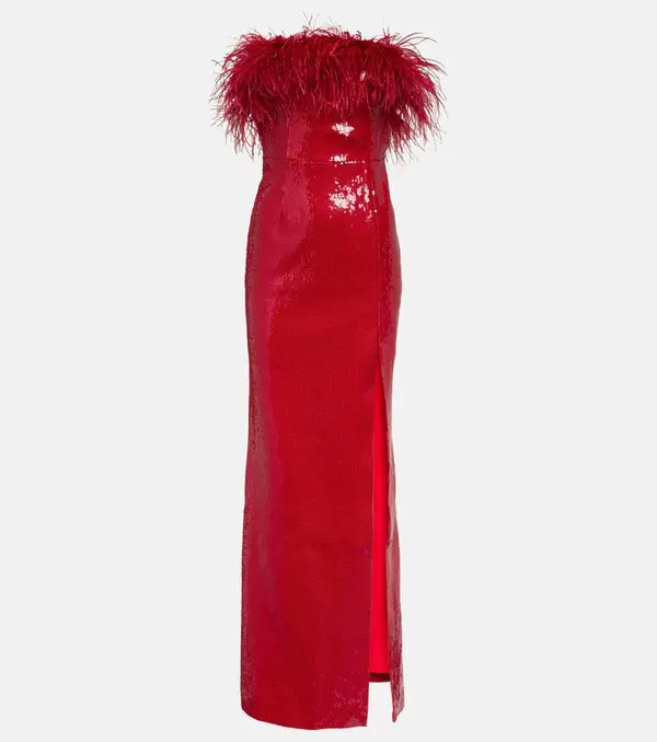 Rebecca Vallance Nika Sequined Gown With Feather Trim - Red