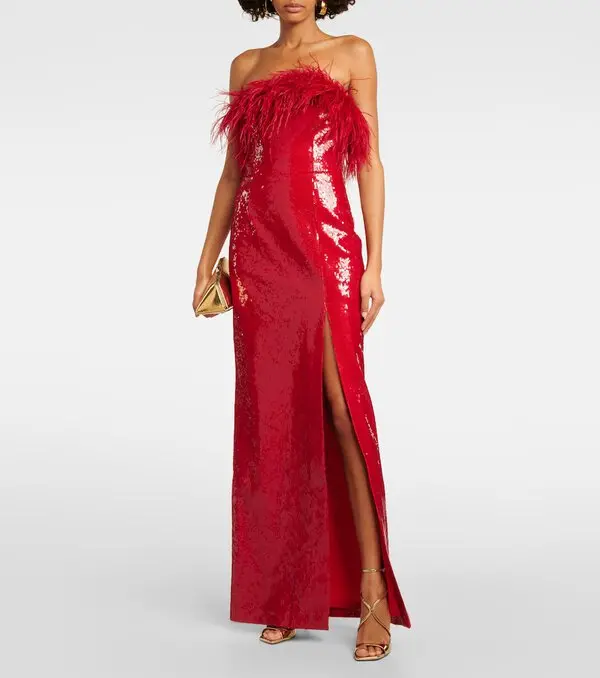 Rebecca Vallance Nika Sequined Gown With Feather Trim