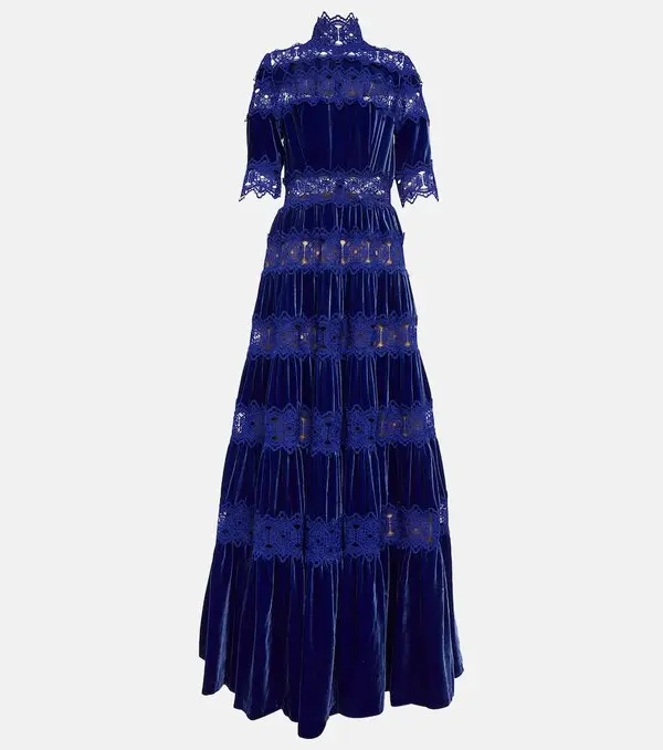 Costarellos Lissie Lace And Velvet Gown - Multicoloured