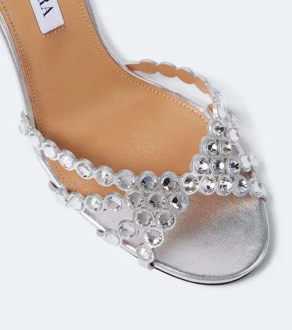 AQUAZZURA Tequila 85 Embellished Leather Sandals - Silver