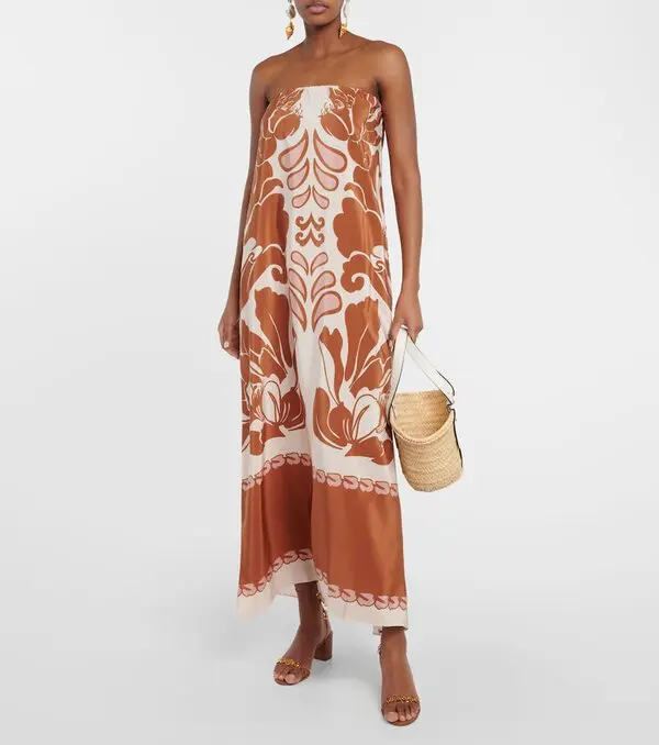 ADRIANA DEGREAS Printed Strapless Silk Maxi Dress
