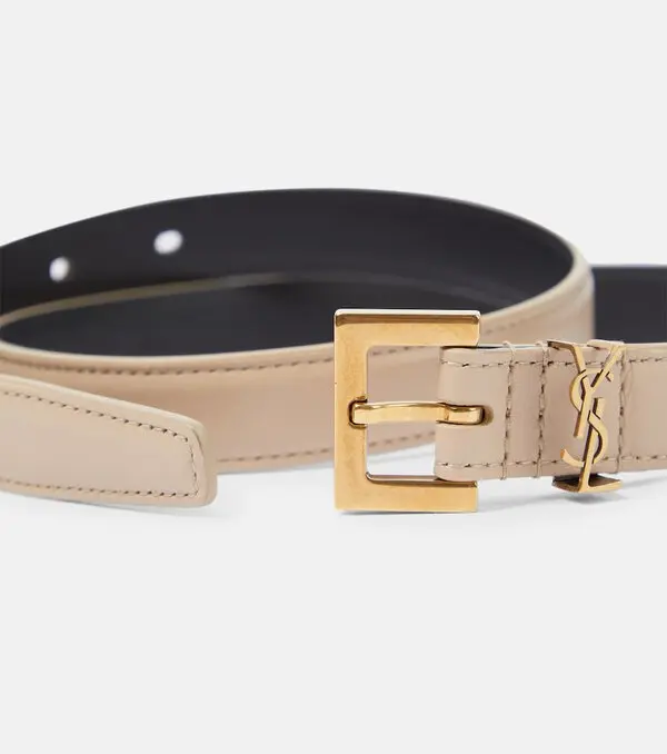 Saint Laurent Cassandre Slim Leather Belt - Beige