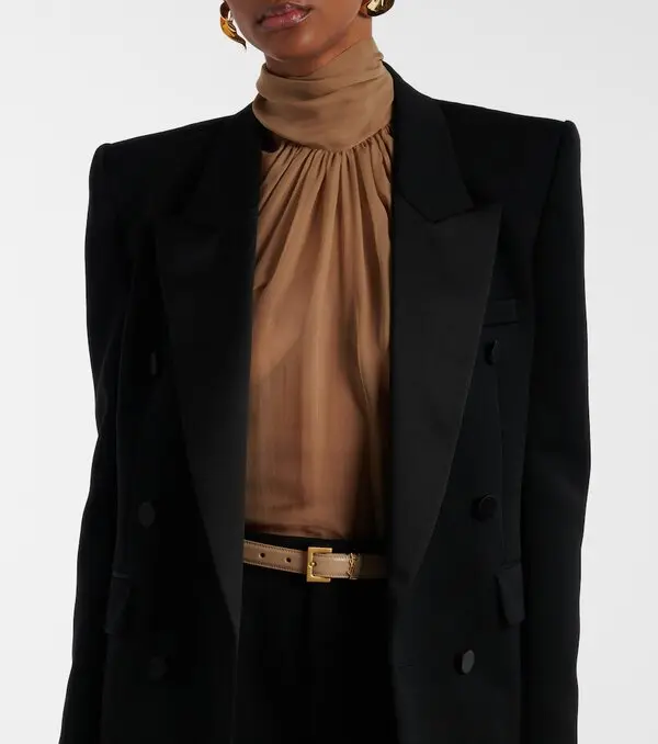 Saint Laurent Cassandre Slim Leather Belt - Beige