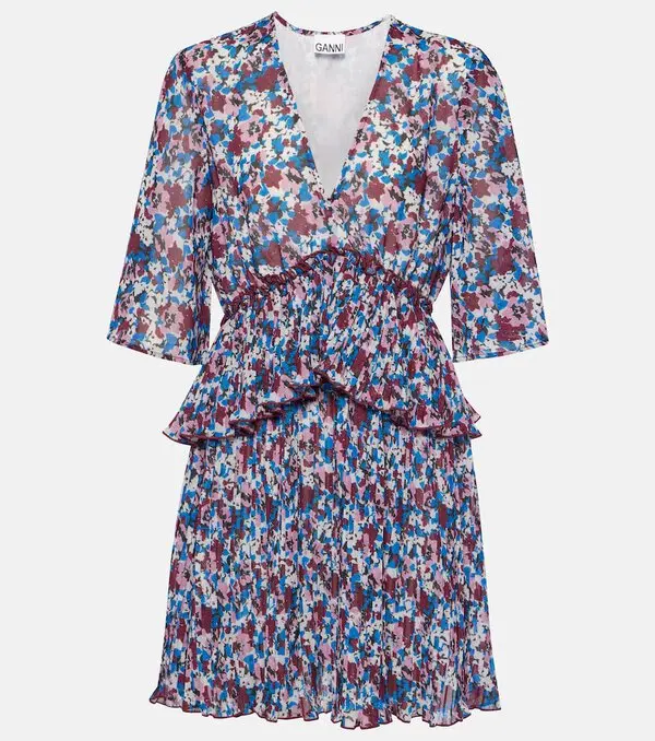 GANNI Floral Pleated Georgette Minidress - Multicoloured