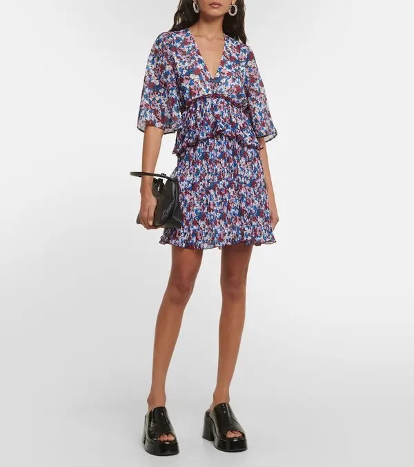 GANNI Floral Pleated Georgette Minidress - Multicoloured
