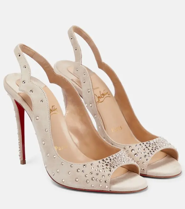 CHRISTIAN LOUBOUTIN Suede Embellished Slingback Sandals - Beige
