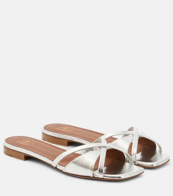 MALONE SOULIERS Embossed Leather Slides - Silver