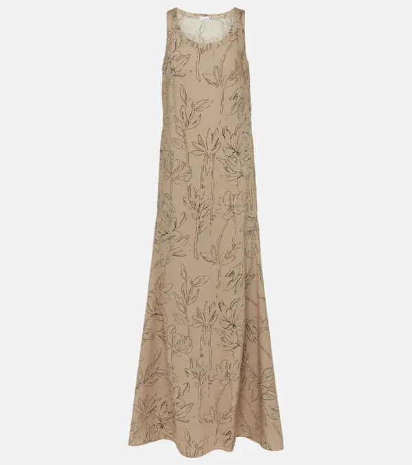 Brunello Cucinelli Floral Cotton Maxi Dress - Beige