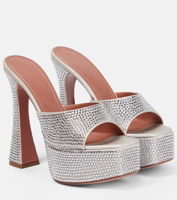Amina Muaddi Embellished Platform Mules - Silver