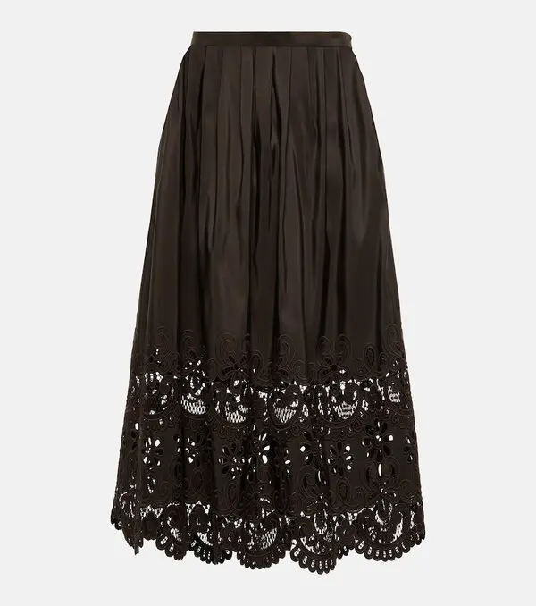 Valentino Garavani Broderie Anglaise Silk Midi Skirt - Brown